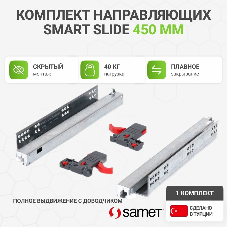 Направляющие для мебели Samet SMART SLIDE полного выдвижения с доводчиком NL450 скрытый монтаж 1 комп.