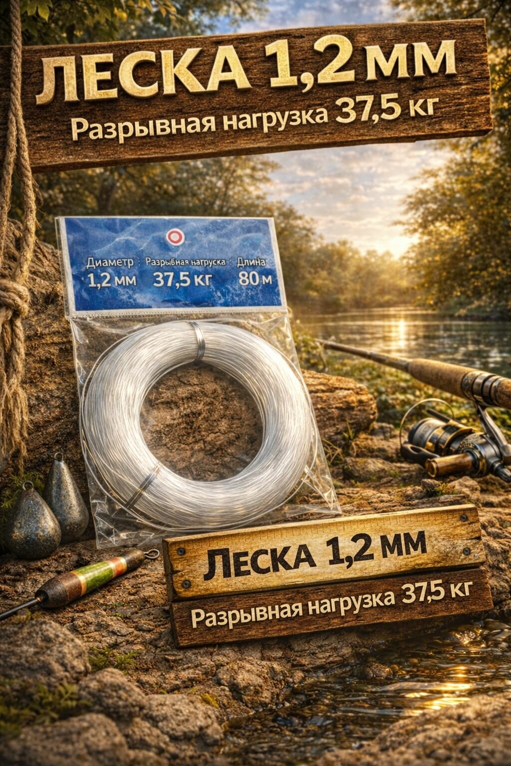 Леска рыболовная прозрачная 1,2 мм, 80 м, разрывная нагрузка до 37,5 кг,2 упаковки