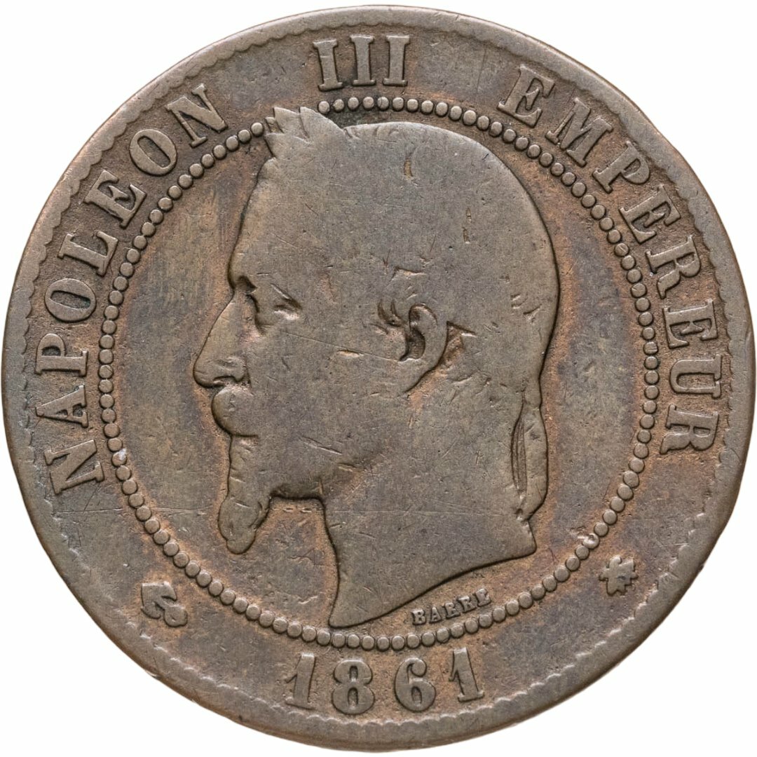 Франция 10 сантимов centimes 1861 A знак монетного двора: "A" - Париж, Бронза, в сохранности F