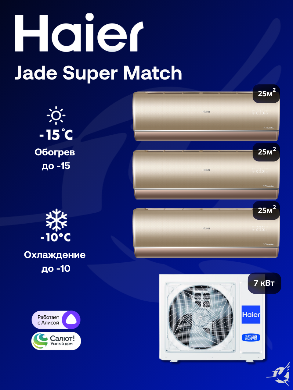 Мультисплит-система Haier Jade 3 X AS25S2SJ3FA-G / 3U70S2SR5FA на 3 комнаты 25+25+25 м2