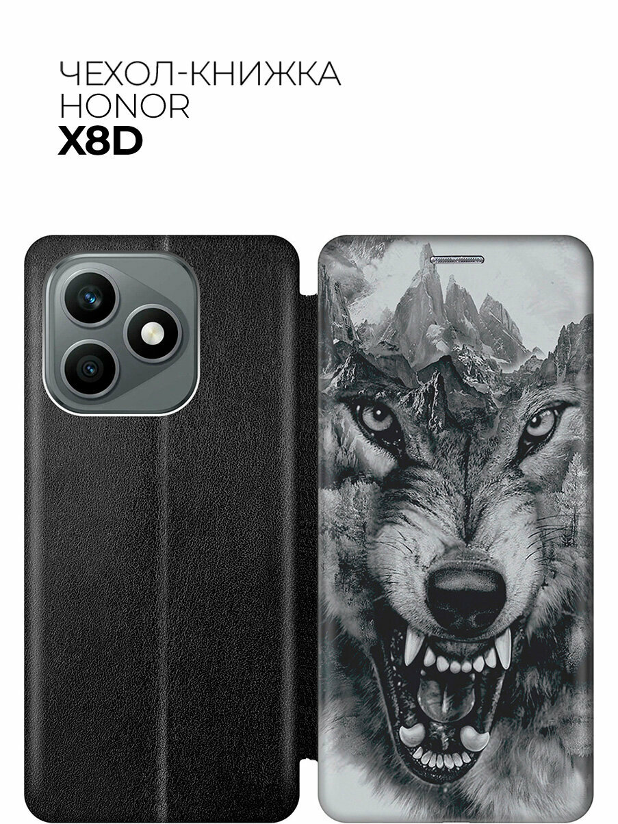 Чехол-книжка на Honor X8d с принтом "Волк в горах" черный
