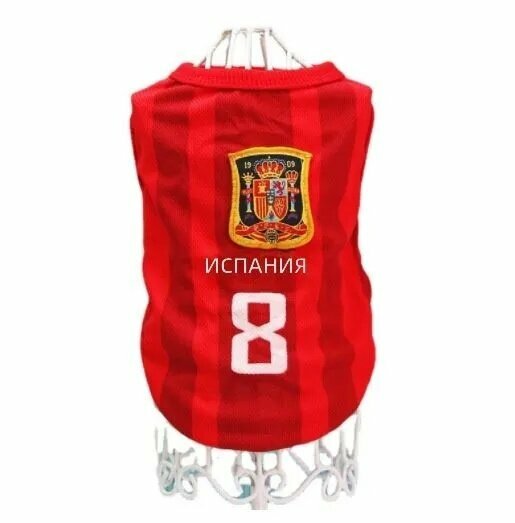 Футбольная майка для собак, Испания №8, красная, размер 4XL