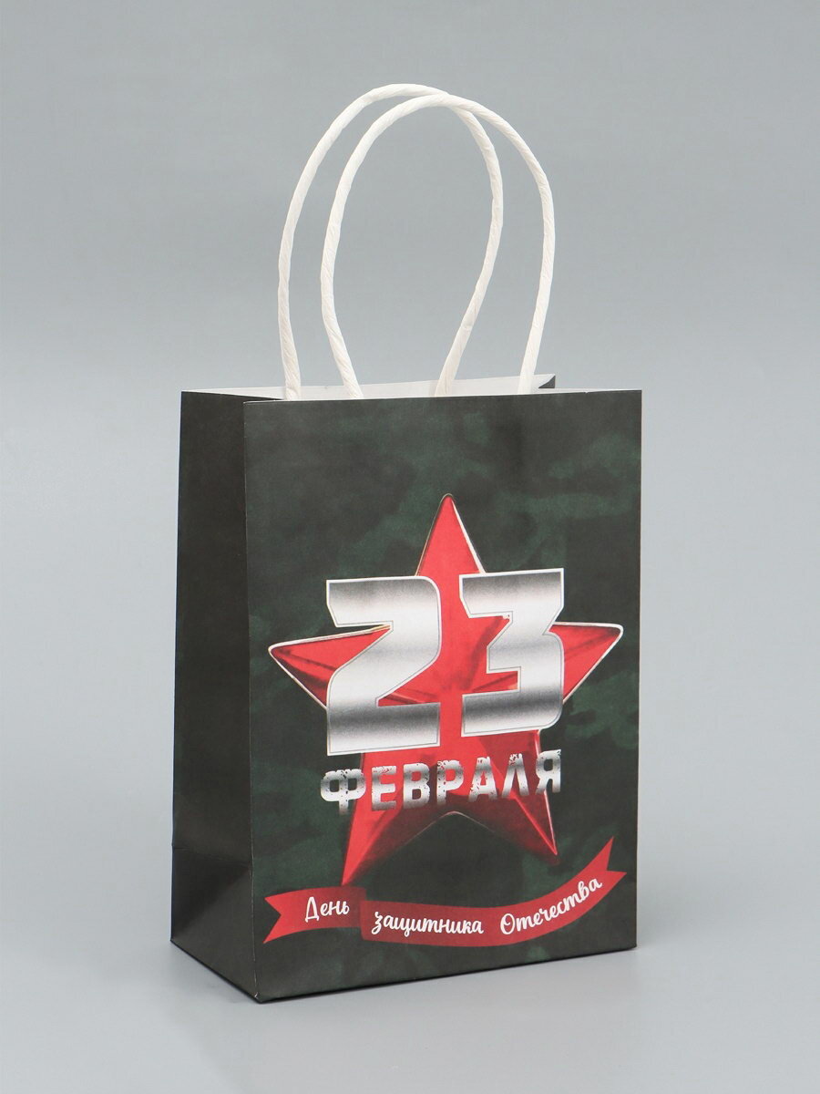 Пакет подарочный крафт "С 23 Февраля!" 12x6x16 См, отделка пакета: декор, 3 шт.