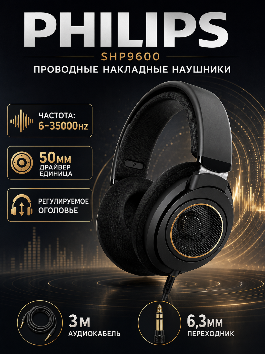 Проводные наушники PHILIPS SHP9600 с Hi‑Fi звуком — накладные открытые наушники с 50‑мм драйверами для музыки и игр