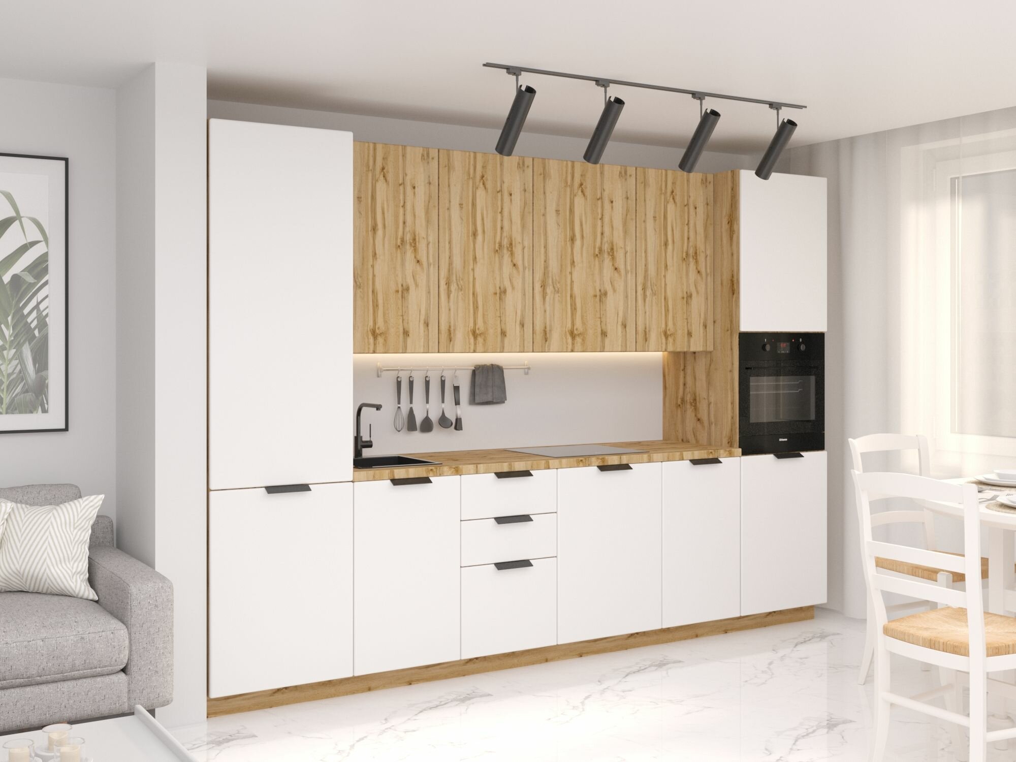 Кухонный гарнитур Фьюжн Silky White/Флэт Wotan Oak 2S, 3000 мм