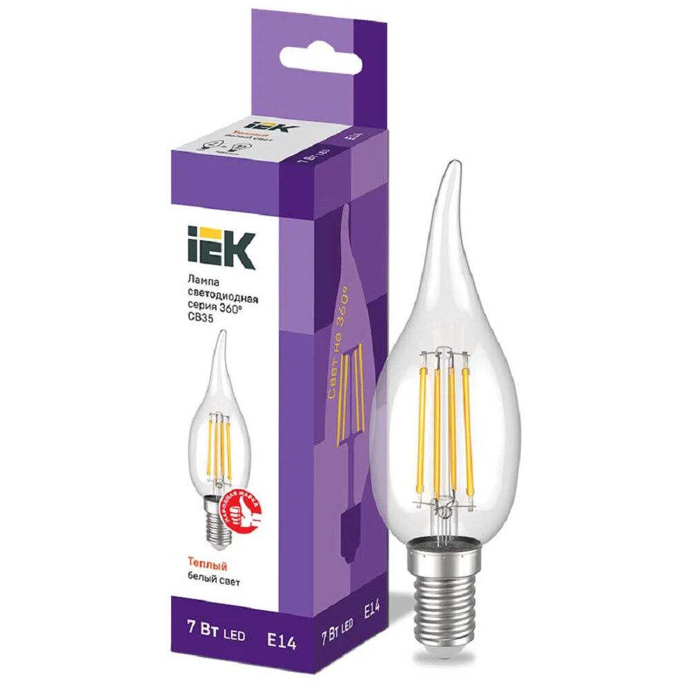 Лампа IEK серия 360 LED, CВ35, свеча на ветру, 7вт, 230В, 3000К, E14 LLF-CB35-7-230-30-E14-CL