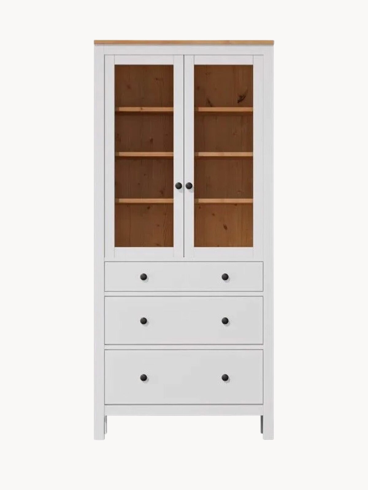 Шкаф-витрина для книг и посуды, с 3 ящиками кымор, 90х37х198 см, белый/светло-коричневый