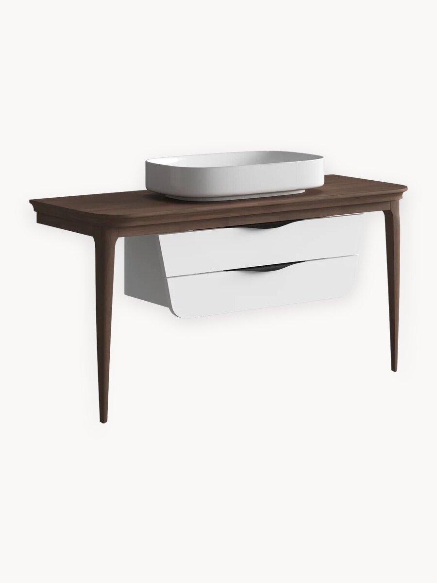 Тумба под раковину со столешницей STWORKI Brezza подвесная, белая, темное дерево, матовая, из МДФ, тумба для ванной, с ящиками, с доводчиками