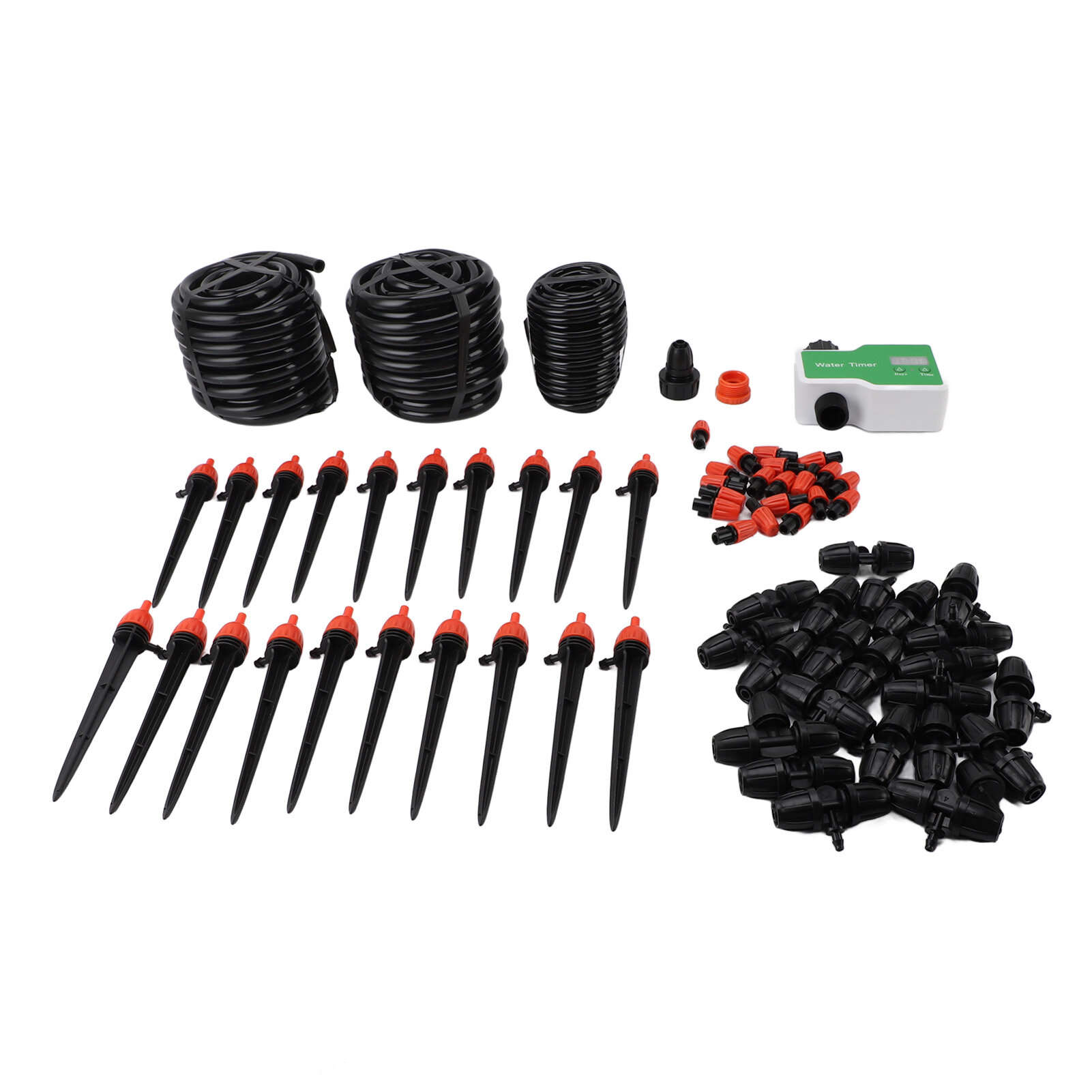 Кит для капельного полива Автоматическая система полива с водным таймером для теплиц сада газона горшечных растений Материал ABS PVC Вес 2420 г 30м водопровод 20 водяных колышков 20 T-коннекторов 2xAA батарейки не включены 69 деталей