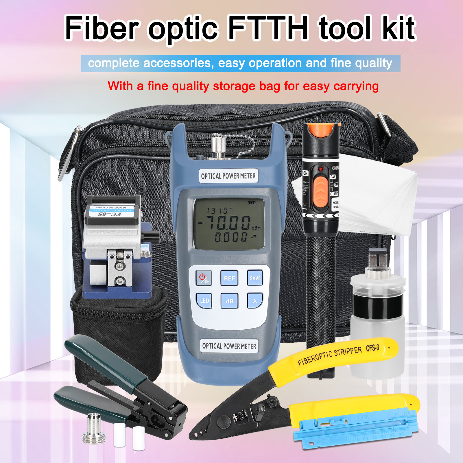 Набор инструментов для оптоволокна FTTH, измеритель оптической мощности, скалыватель волокон, инструмент для зачистки проводов, набор инструментов для холодного соединения оптоволокна с сумкой для хранения