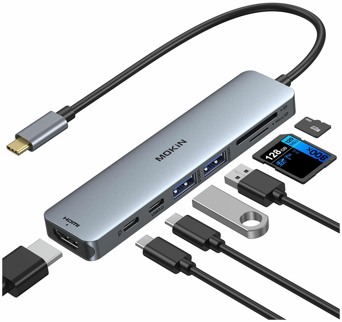 Универсальный адаптер 7 in 1 Mokin MOUC0119, USB C to HDMI+USB C3.0+2USB A 3.0+SD/TF+PD