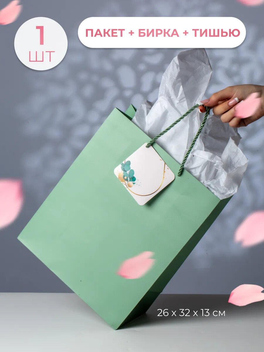 Подарочный пакет бумажный фисташковый с белой тишью и биркой 1 шт.