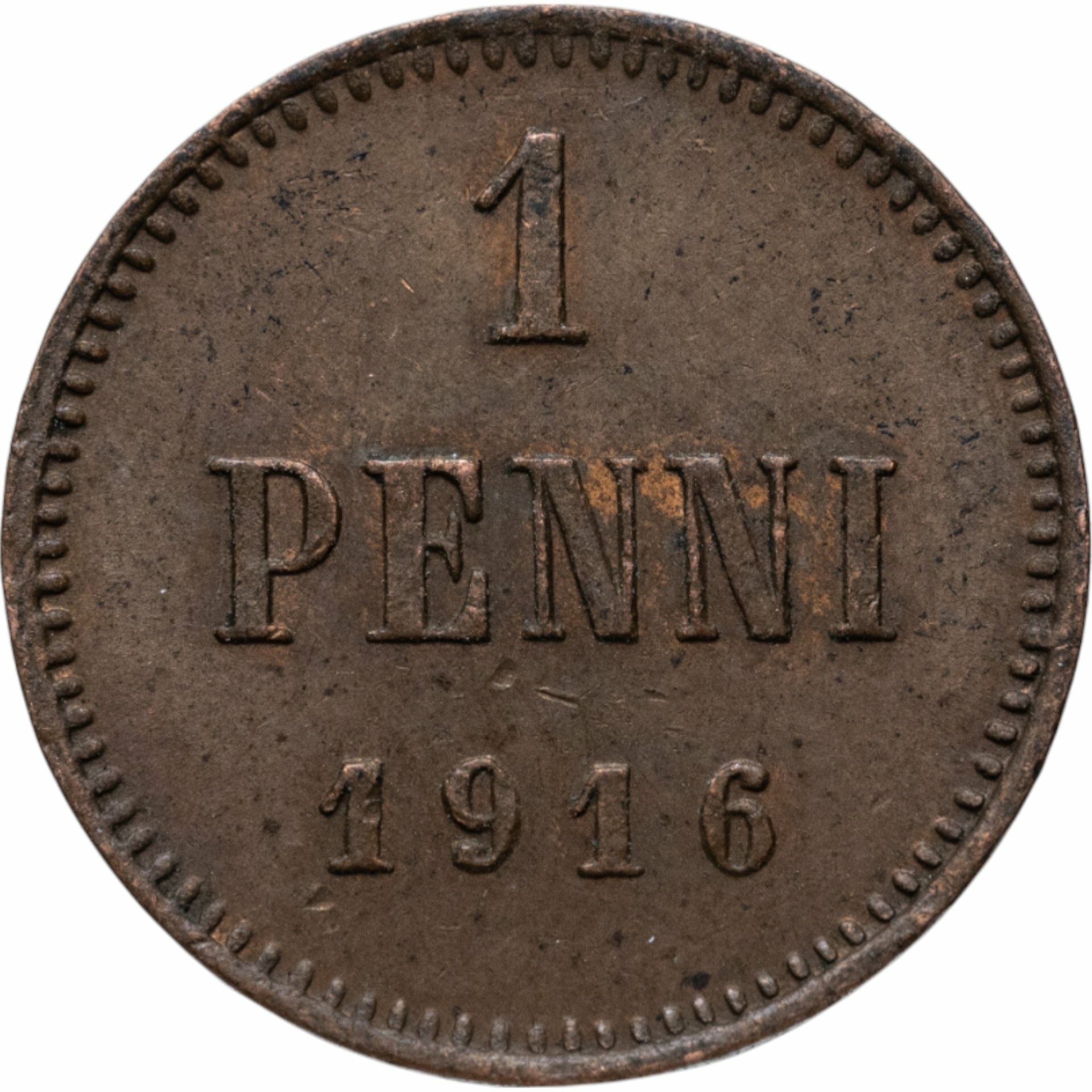 1 пенни penni 1916 Российская Финляндия, Медь, в сохранности UNC