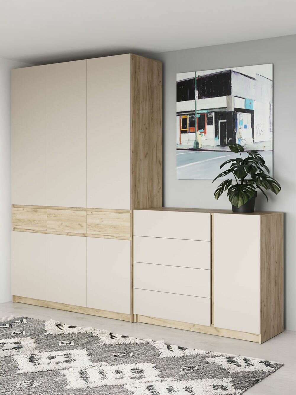 Прихожая комплект Бостон с комодом, со шкафом, 270х51х236 см, Крафт серый / Кашемир