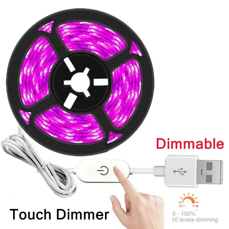 5 В USB светодиодный светильник для выращивания растений, 5 м, переключатель с регулируемой яркостью, 60 светодиодов/м, полный спектр света для выращивания растений, фитолампа для выращивания рассады овощей