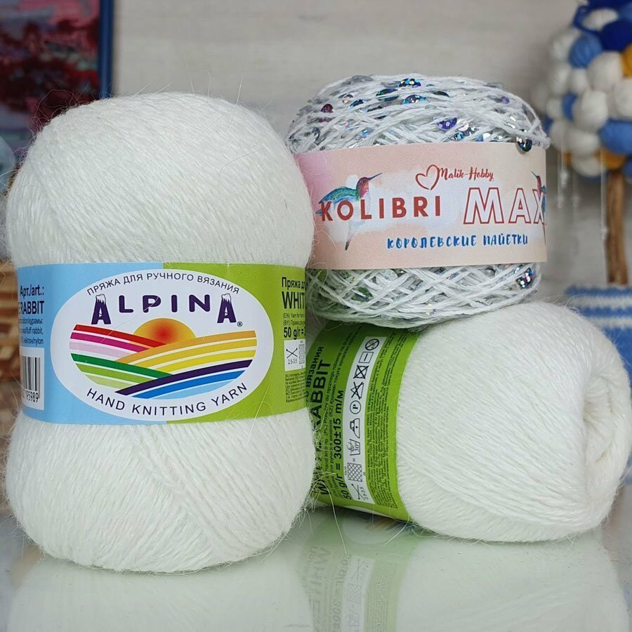 Пряжа M&h набор ПУХ кролика И пайетки 03 белый (3 мотка)