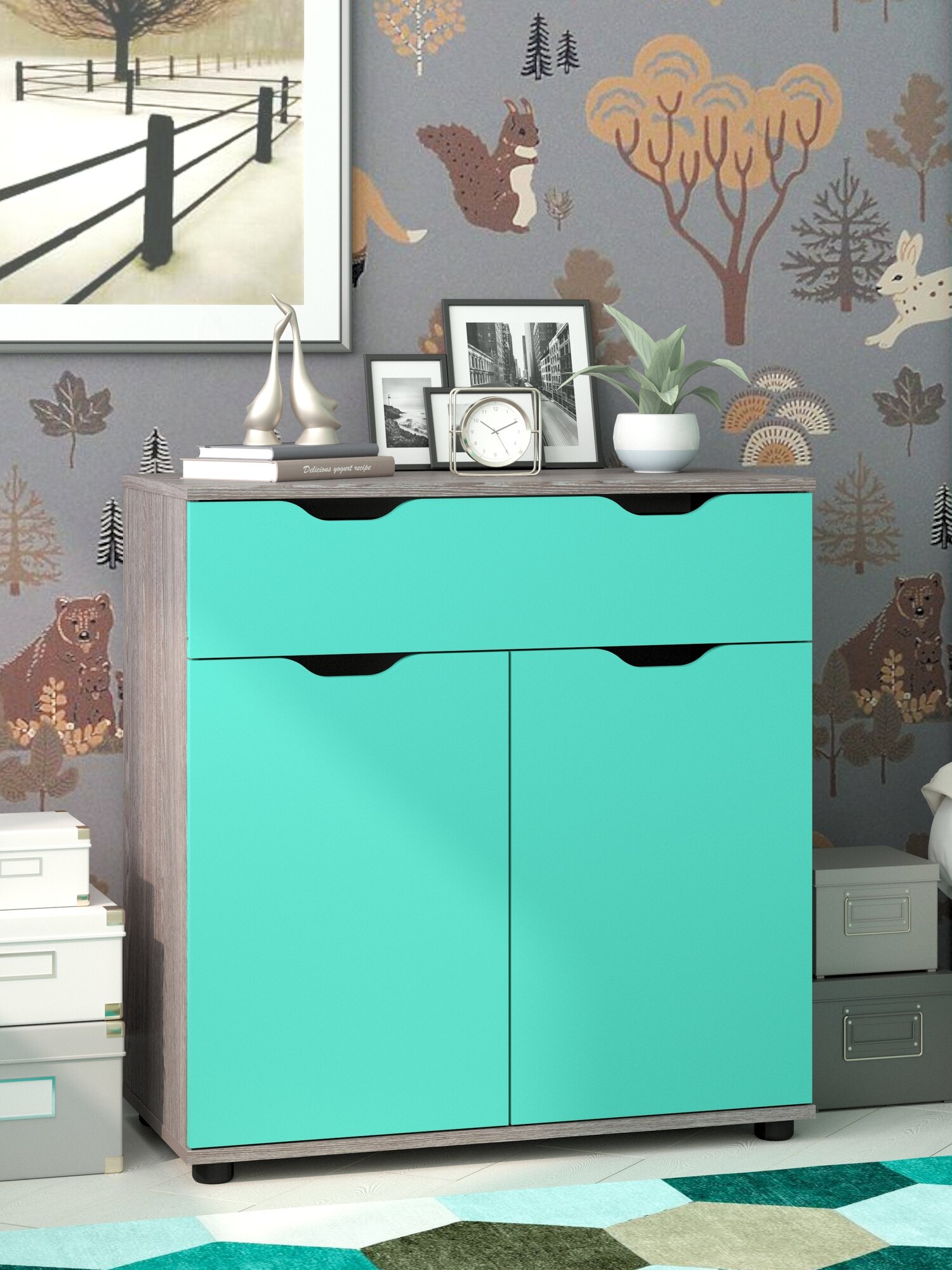 Есэндвич Grand-Лаворо-4 Комод 80х83х40 см с ящиками и дверцами(Анкор тёмный/Аква)