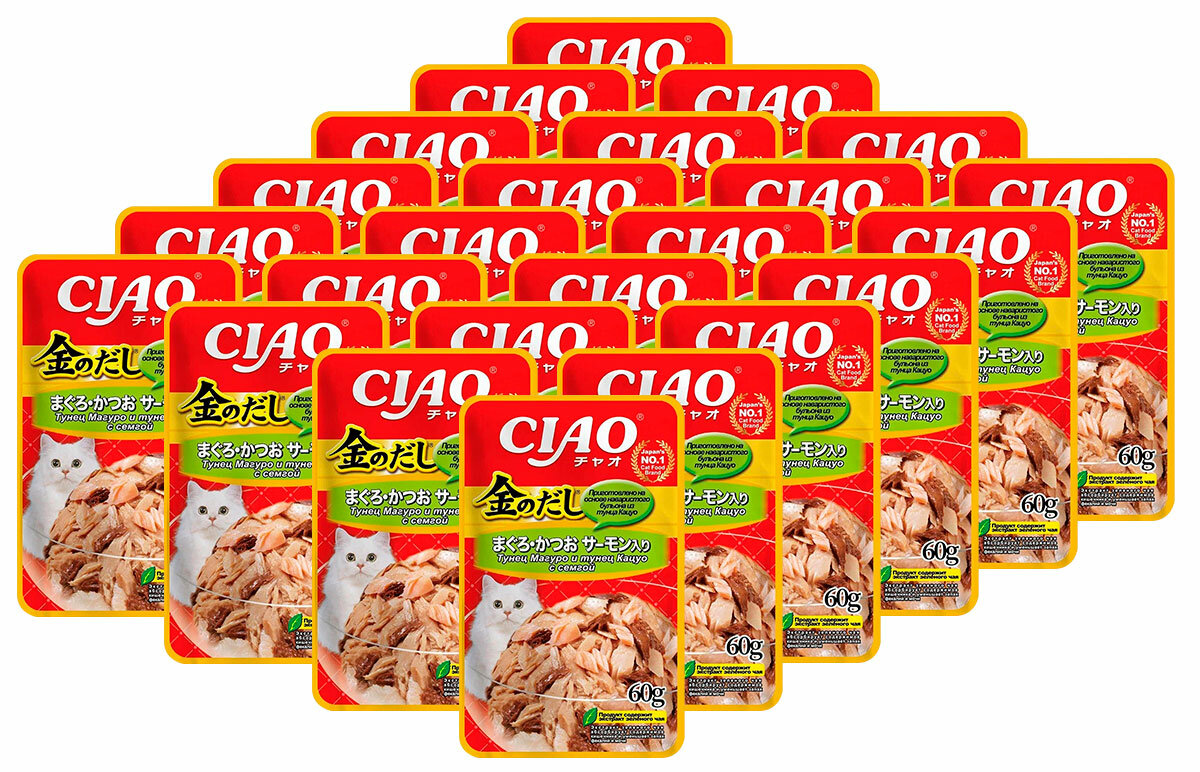 Корм влажный Inaba Ciao Kinnodashi для взрослых кошек, тунец Магуро, тунец Кацуо и семга, 60 гр х 24 шт