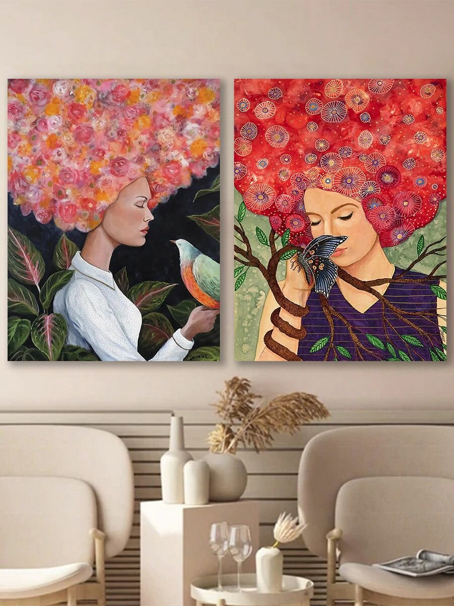 Модульные картины на стену / диптих - "Девушка цветы", картина 2 шт, модуль 40х60 см