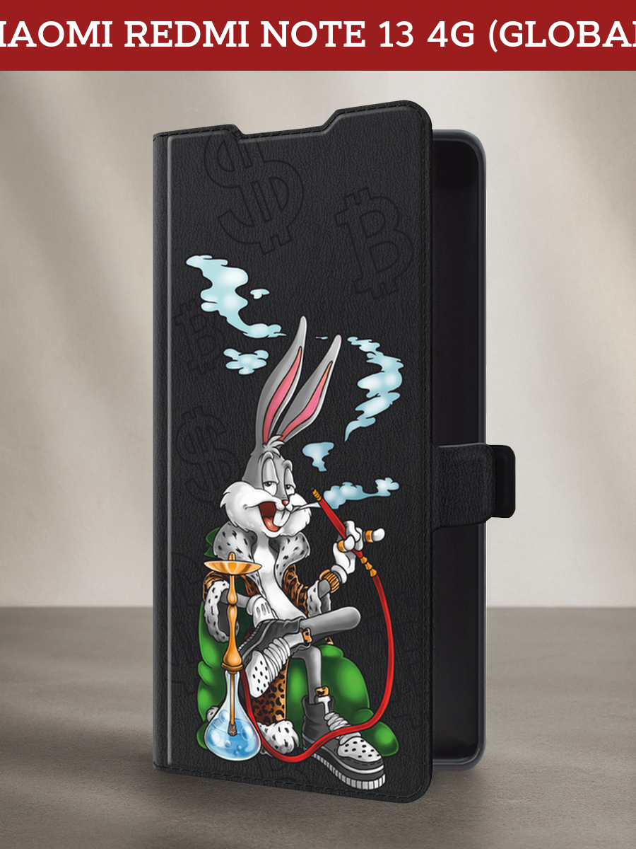 Чехол-книжка на Xiaomi Redmi Note 13 4G (Global) / Сяоми Редми Нот 13 4G с принтом Багз Банни с кальяном, черный