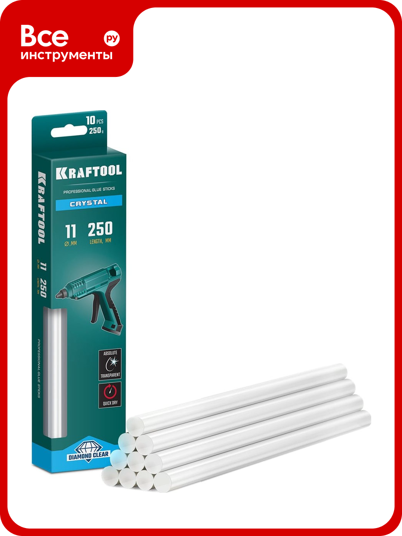 Кристально прозрачные клеевые стержни KRAFTOOL Crystal 10 шт, 11x250 мм 06846-10, универсальные