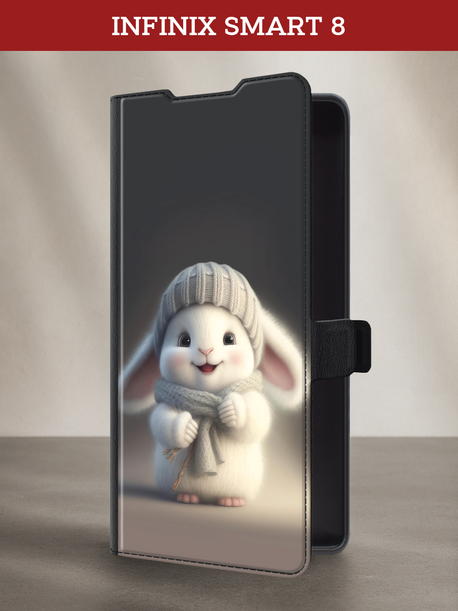 Чехол-книжка на Infinix Smart 8/8 HD/HOT 40i / Инфиникс Смарт 8/8 HD/Хот 40i с принтом Белый крольчонок в шапке, черный