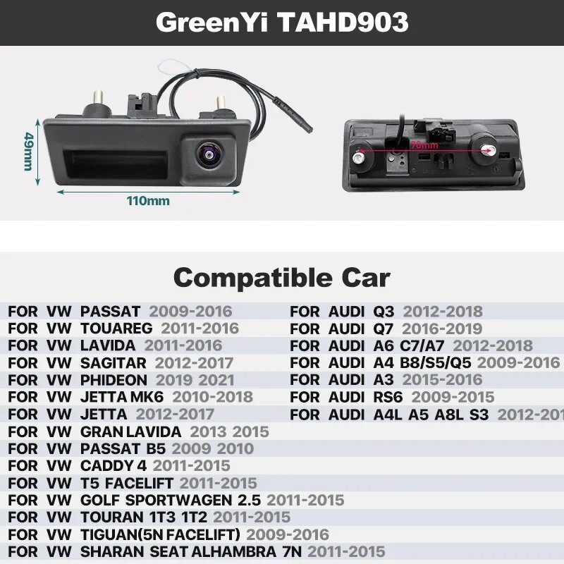 GreenYi AHD динамическая траекториальная камера на ручке багажника для VW Passat CC Golf Polo Jetta Cayenne Tiguan Skoda Octavia Fabia Yeti Audi, AHD720P-CVBS, LS903
