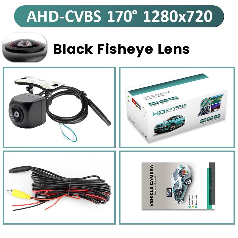 Автомобильная камера заднего вида GreenYi AHD, боковая/передняя/задняя камера 170 ° Черный объектив «рыбий глаз» Full HD ночного видения Водонепроницаемый реверсивный универсальный объектив, 2AC-720P