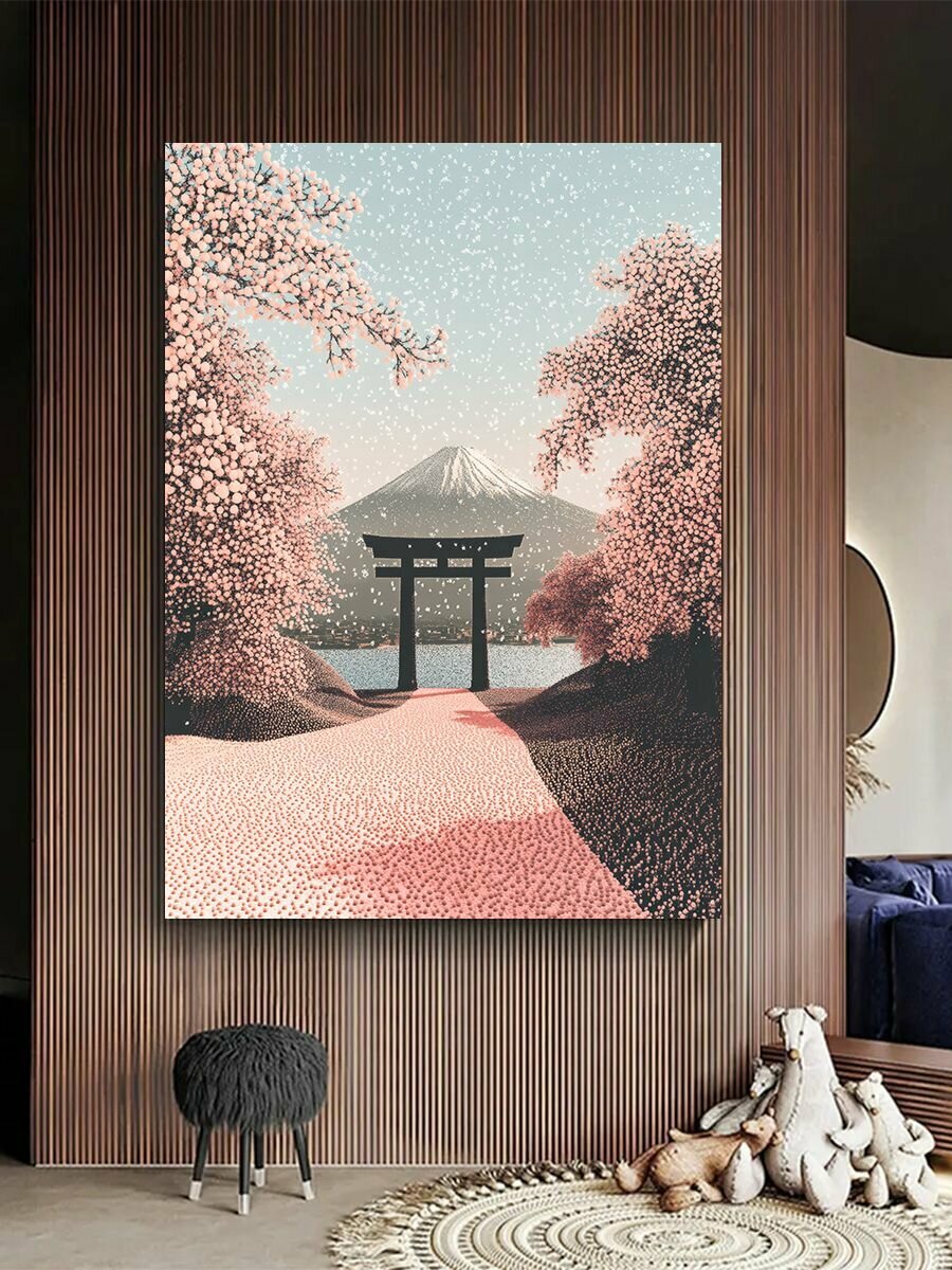 Картина интерьерная - "Пейзаж в японском стиле / гора Фудзи и сакура" , 40х60 см.