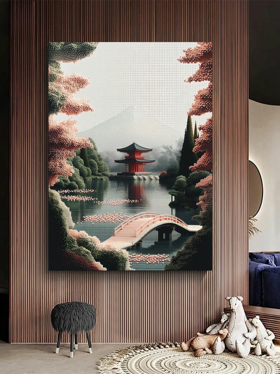 Картина интерьерная - "Пейзаж в японском стиле / гора Фудзи и сакура" , 40х60 см.