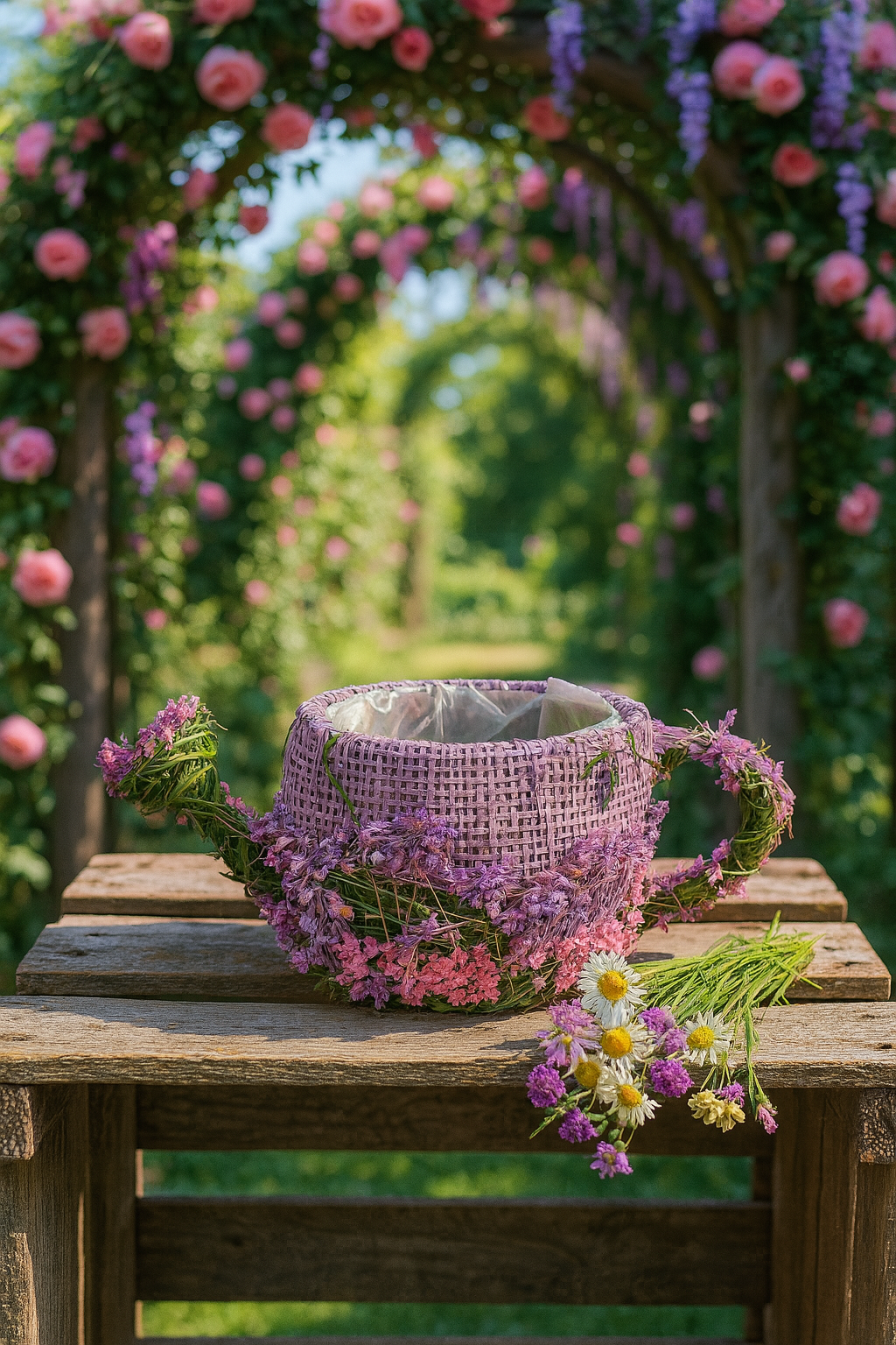 Кашпо флористическое. Лейка малая. Цвет розовый. С элементами сухоцветов.