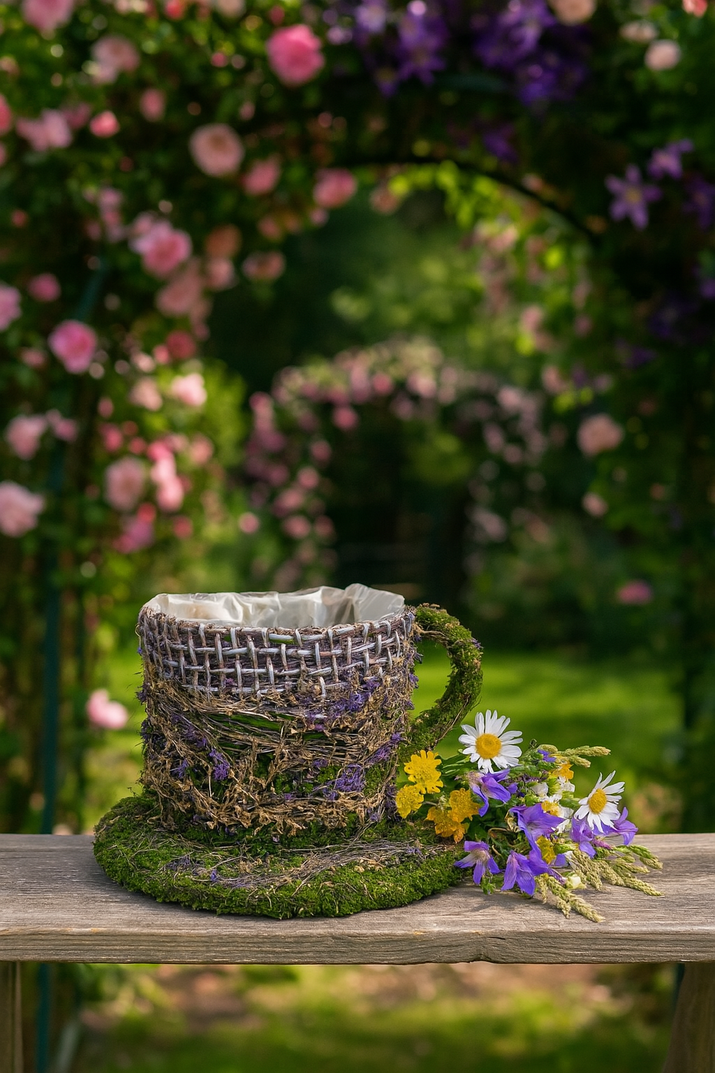 Кашпо флористическое. Чашка на круглом блюдце. С элементами сухоцветов и мха.