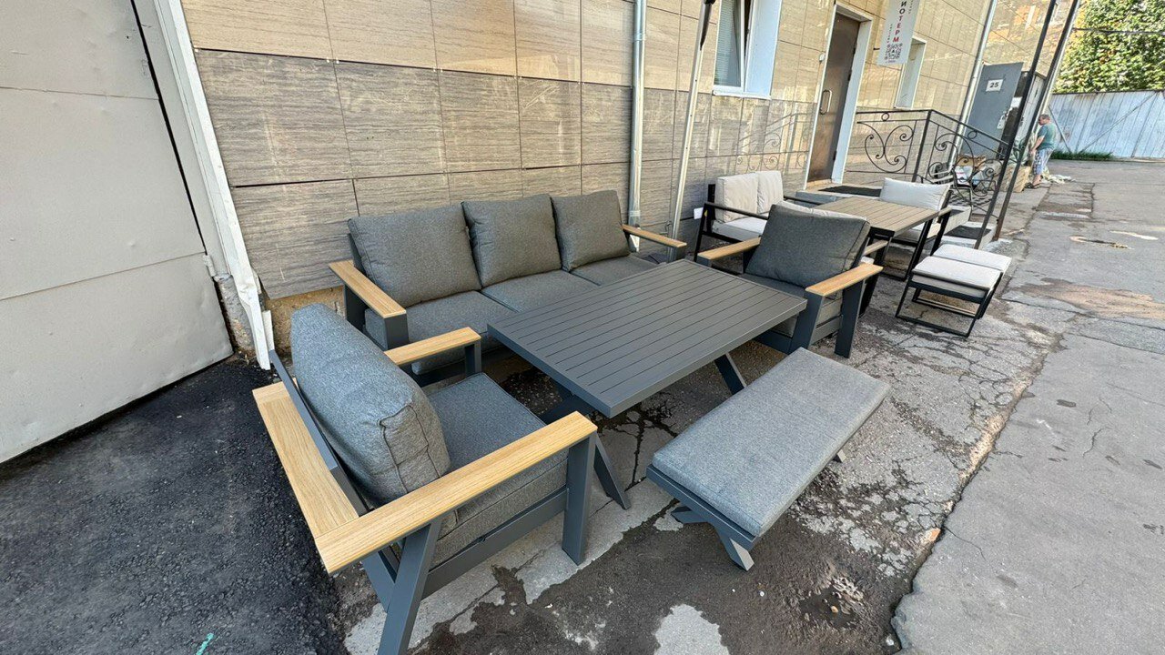 Комплект садовой мебели, графит, металл, дерево, текстиль, 8 персон