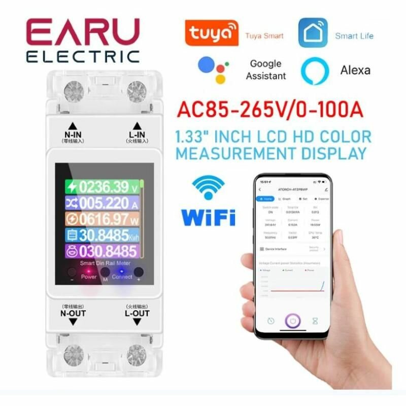 Счетчик электроэнергии однотарифный однофазный электросчетчик, Умный переключатель 2P 100A Tuya, Wi-Fi, на Din-рейку, 220 В