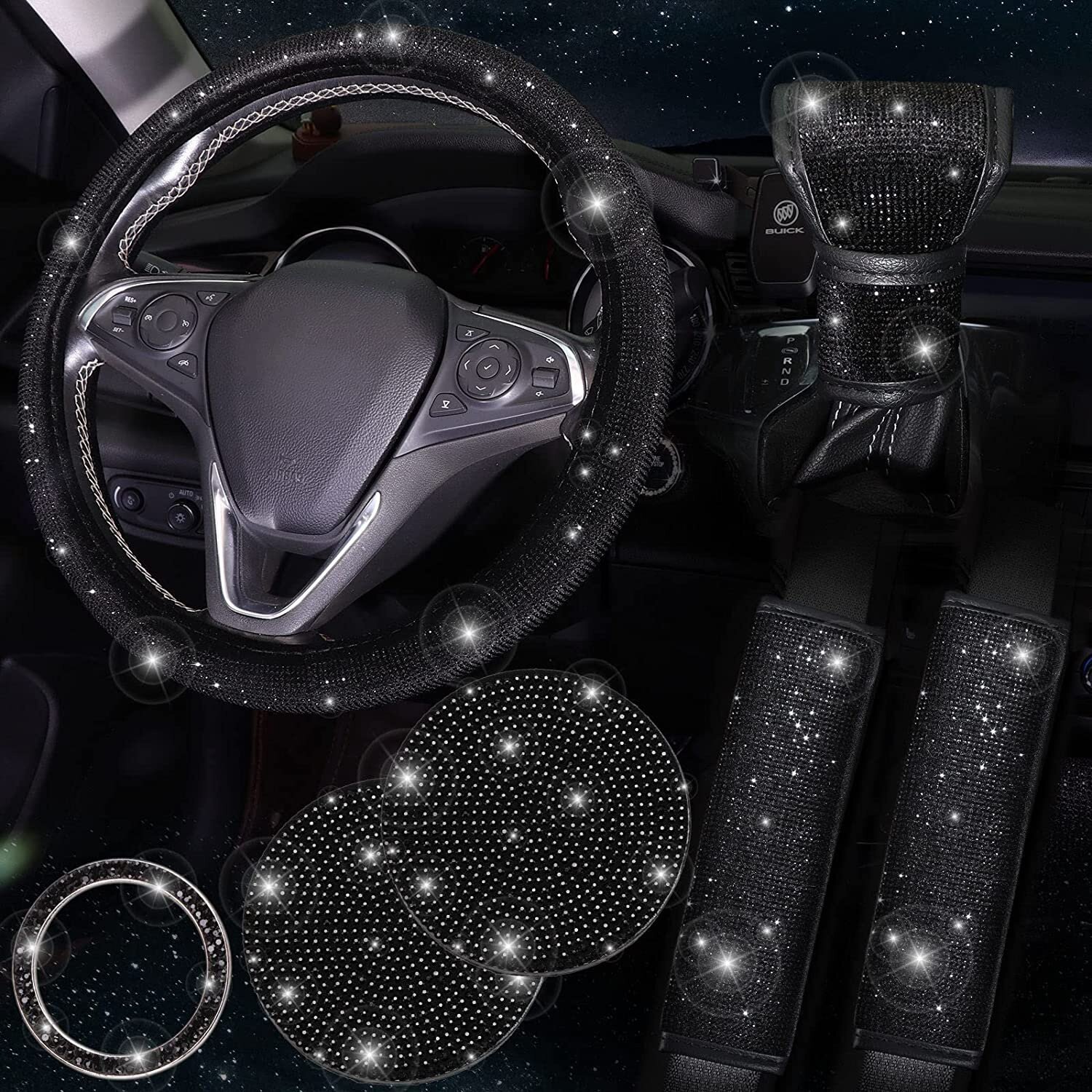Оплетка на руль 38 см, чехол на руль автомобиля, Универсальный автомобильный набор со стразами,7 шт.