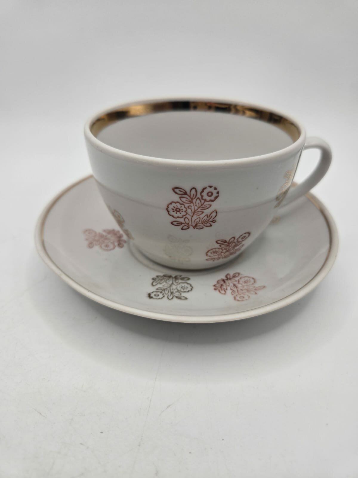 Чайная пара с цветочной росписью винтажная советская, фарфор, золочение, Полонский фарфоровый завод СССР