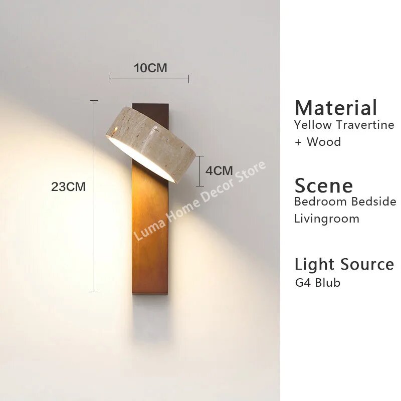 Luma японский ваби-саби желтый травертин настенный светильник с переключателем цепи поворотный светодиодный светильник из дерева и камня для прикроватной тумбочки, Neutral light 4000K, Walnut Base