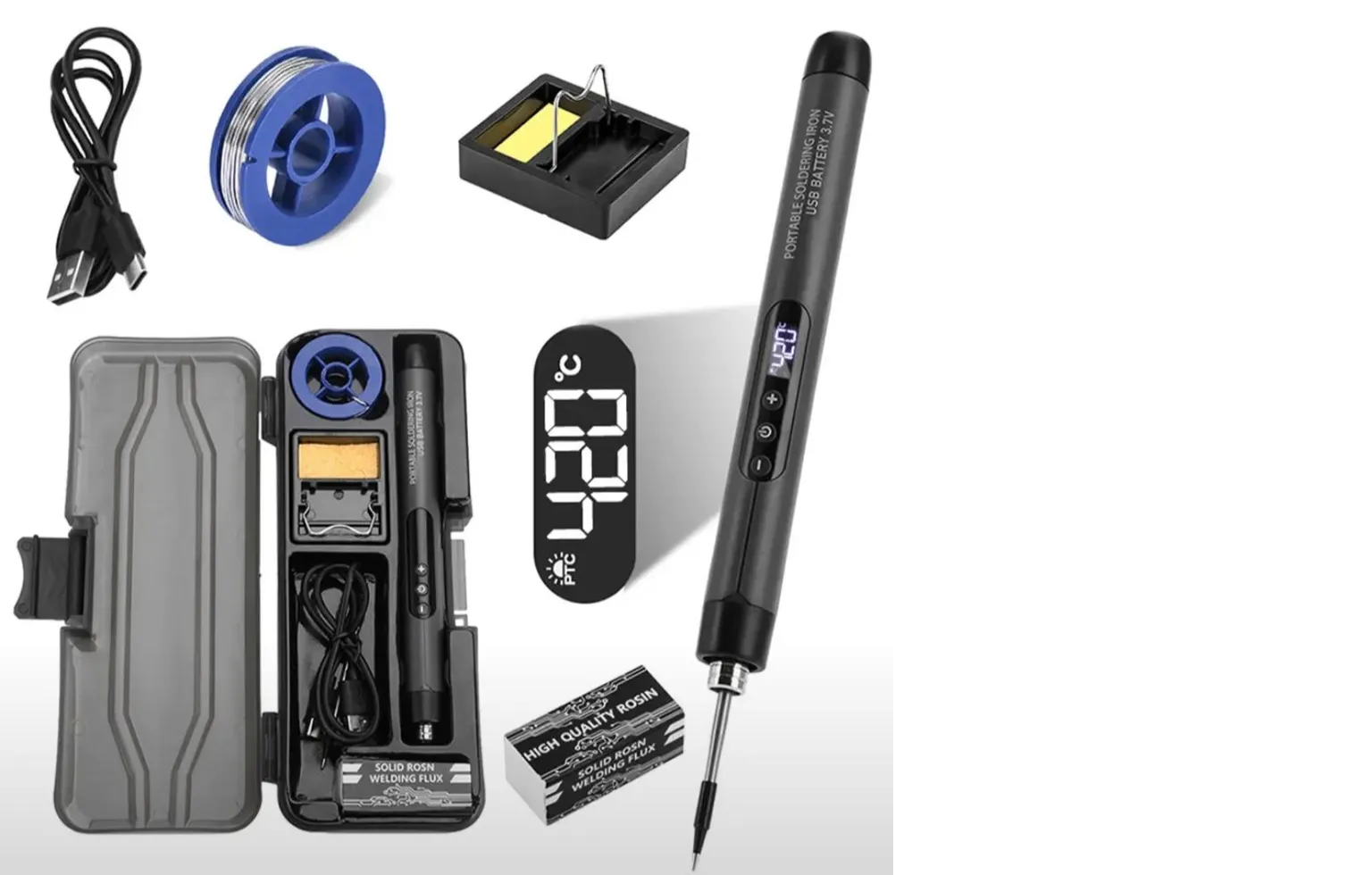 USB паяльник, 5 режимов температуры, в кейсе, нихромовый нагреватель