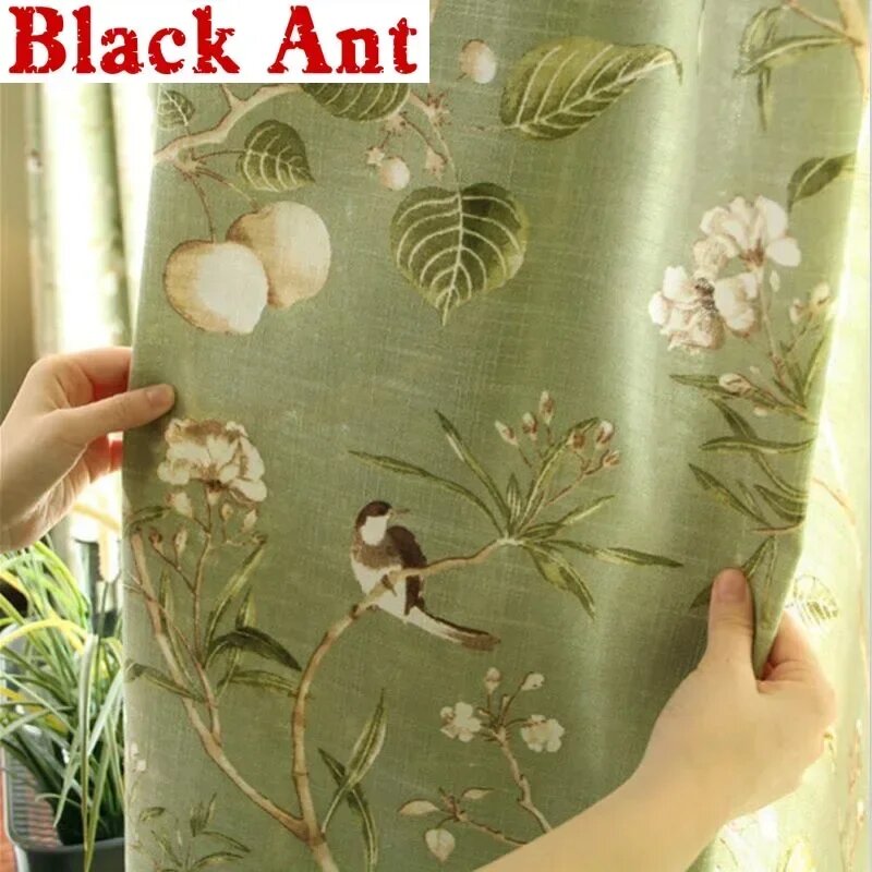 Зеленая хлопковая ткань с цветами и птицами, W200CM X H270CM (1 шт.), с сборкой/крючками