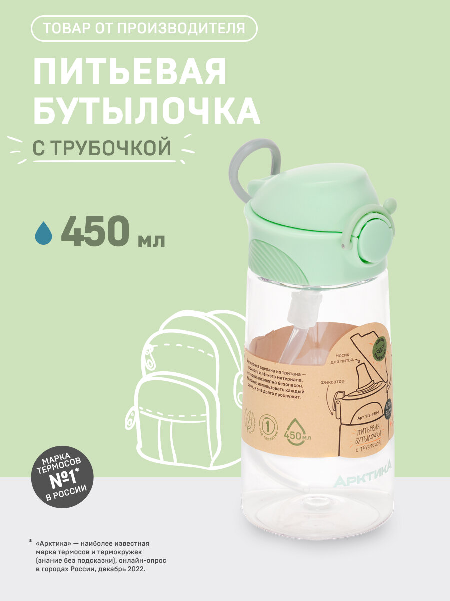 Бутылочка Арктика детская, тритан, непроливайка, с трубочкой, мятная, 450мл