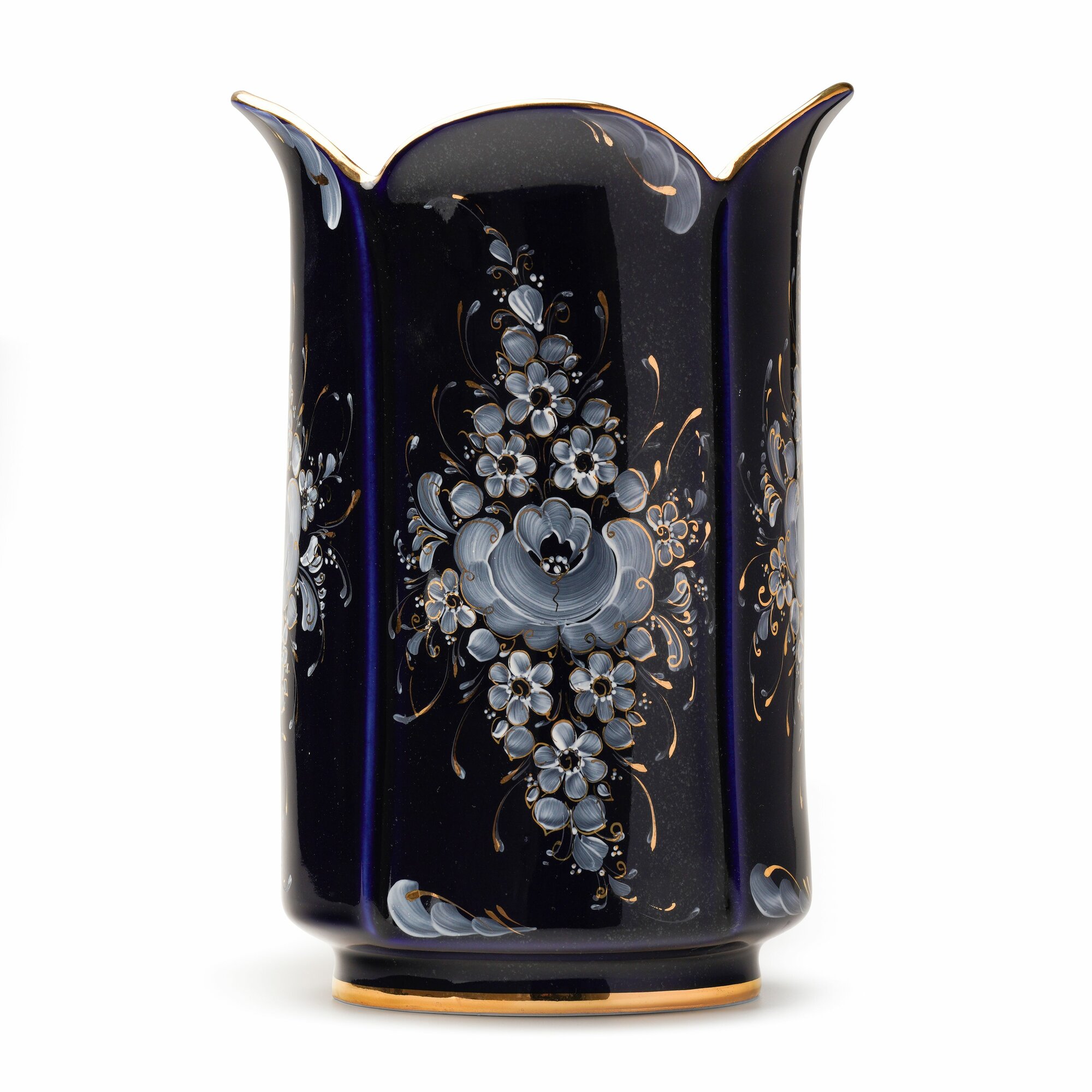 Ваза. Объединение "гжель". "Тюльпан", высота 240 мм, глухой кобальт, краски, 24-х каратное золото, фарфор