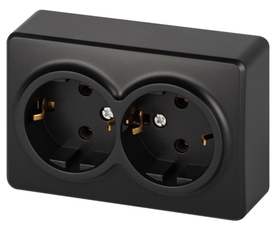 Розетка силовая штепсельная ЭРА Эксперт 11-2205-05, 2х2P+E Schuko, 16А 250В IP20 антрацит, открытой установки с заземлением, Б0063047 / электрооборудование