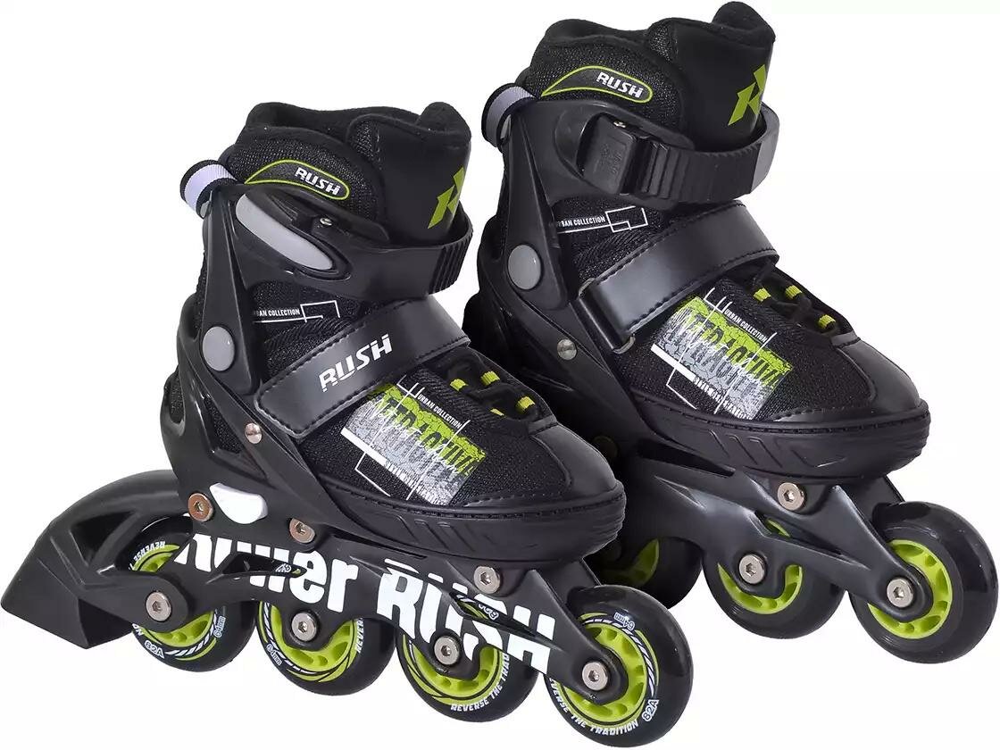 Роликовые коньки RUSH ACTION алюминиевая рама, размер 33-36, черно-зеленые
