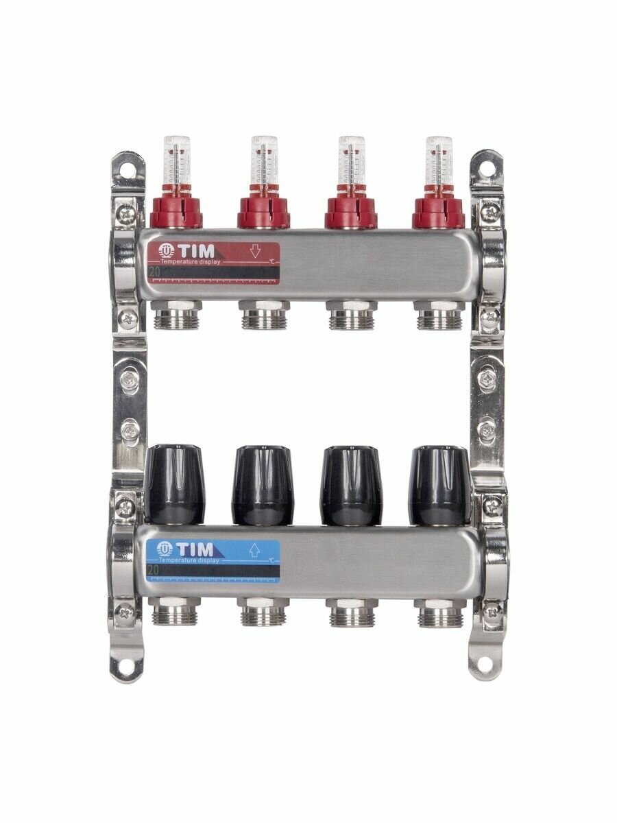Коллекторная группа 4 контура с расходомерами 1" * 3/4" E, нерж. сталь, TIM, KDS5004