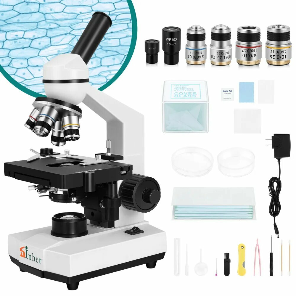 SINHER XSP-104 Биологический микроскоп для инспекции образования Бинокулярная головка с четырьмя объективами, наклонная 45, вращающаяся светодиодная лампа 360