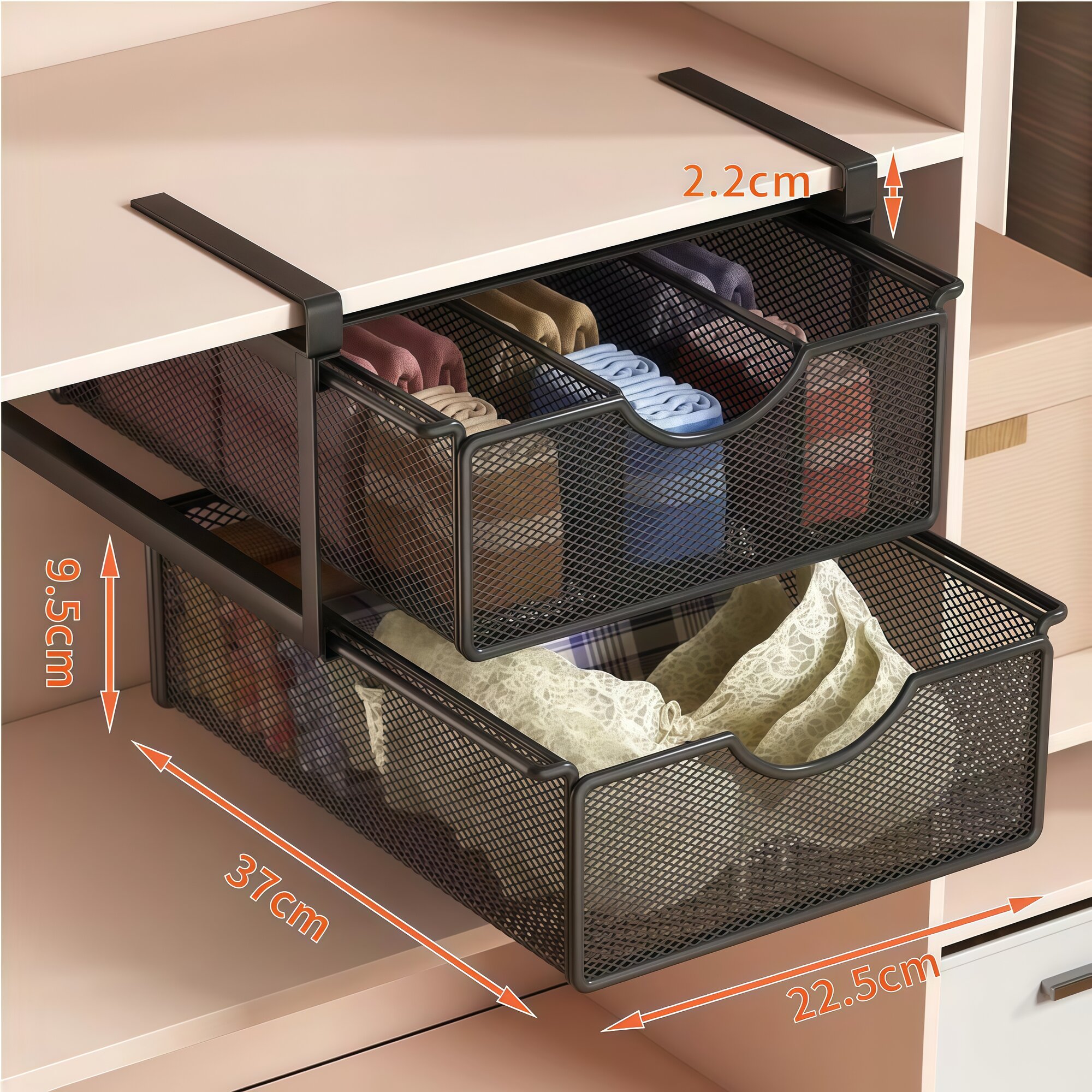 Ящик для носков и нижнего белья, черный, металл, прямоугольный, 9,5x37x22,5 см, двухъярусный, С проставками， 1 шт.