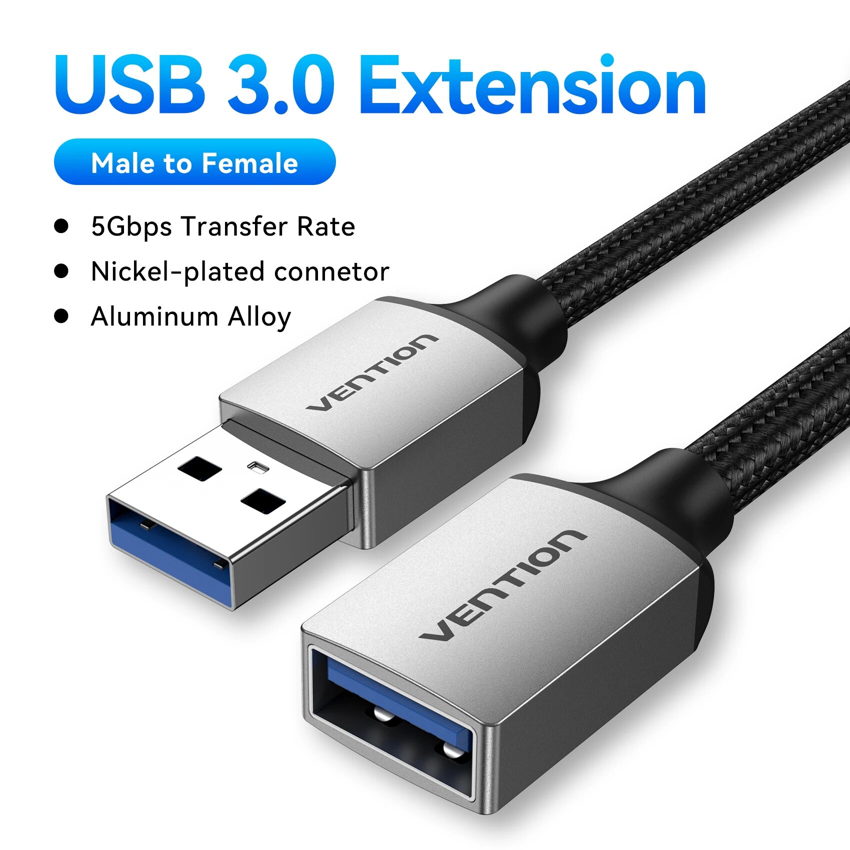 Vention USB удлинитель 3.0-2.0 0.5m, 5Gbps-Metal Grey