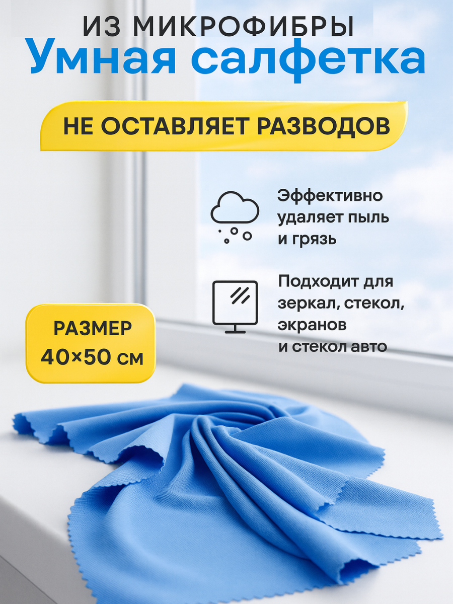 Салфетка безворсовая для стекол, зеркал, автостекол, микрофибра 40х50 см, умная салфетка без разводов