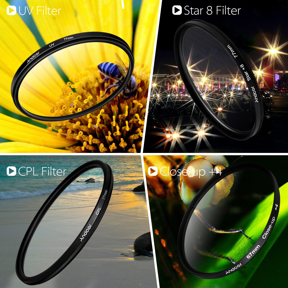 Andoer 58 мм UV+CPL+Close-Up+4 +Star 8-точечный фильтр Circular Filter Kit Circular Polarizer Filter Macro Close-Up Star 8-точечный фильтр с сумкой для Nikon Canon Pentax Sony DSLR Camera