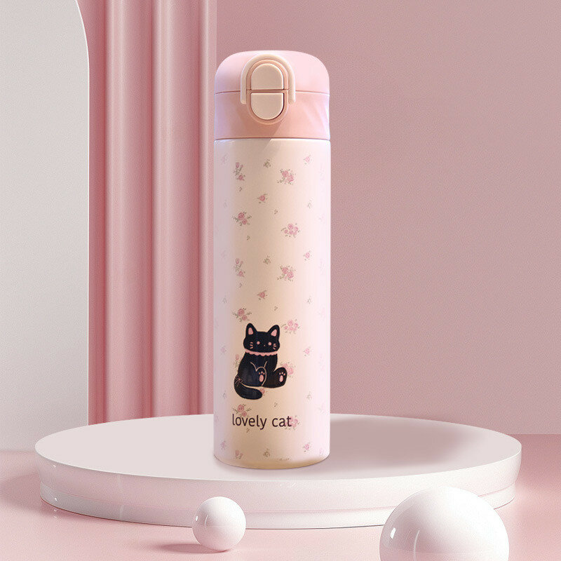 Cute puppy cat floral grid star printed stainless steel insulated cup for outdoor and commuting use, pink